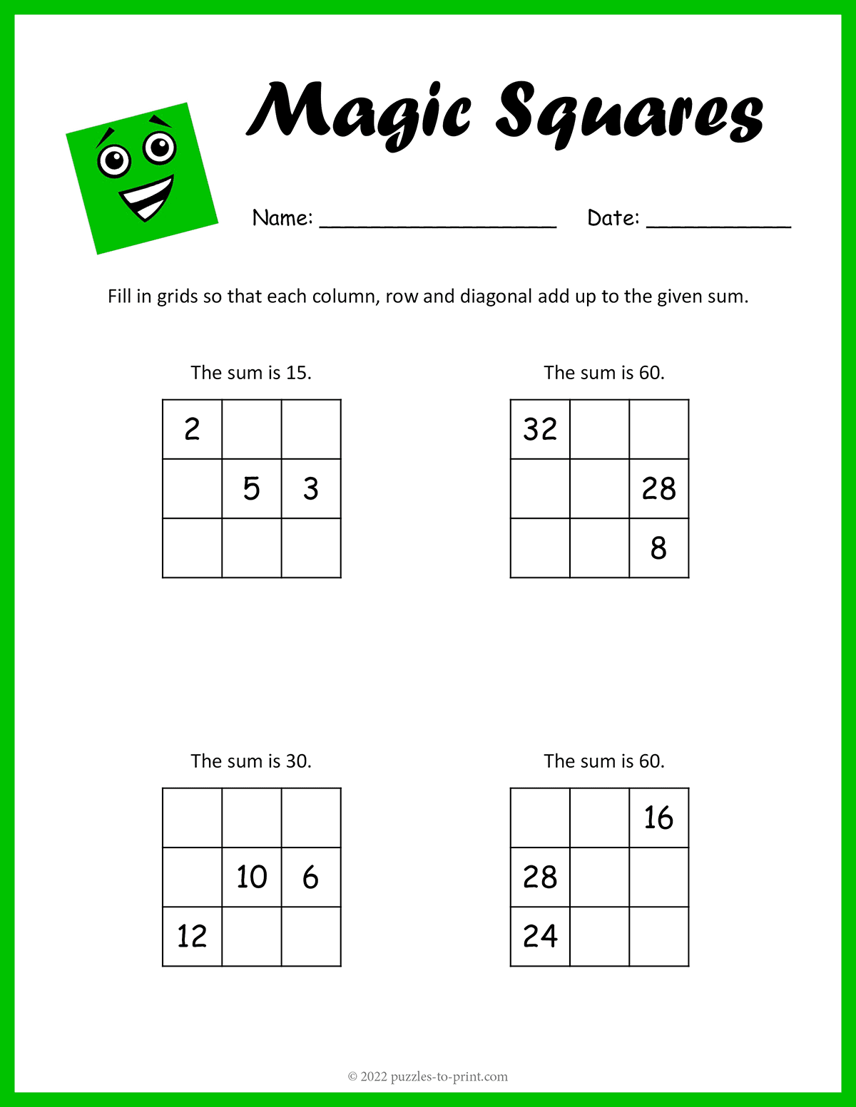 Beginner Magic Square Worksheet