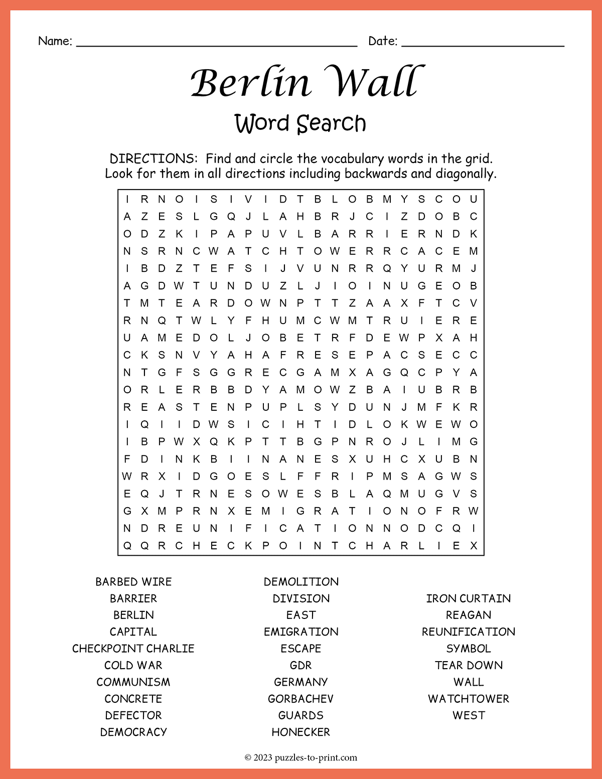 Berlin Wall Word Search
