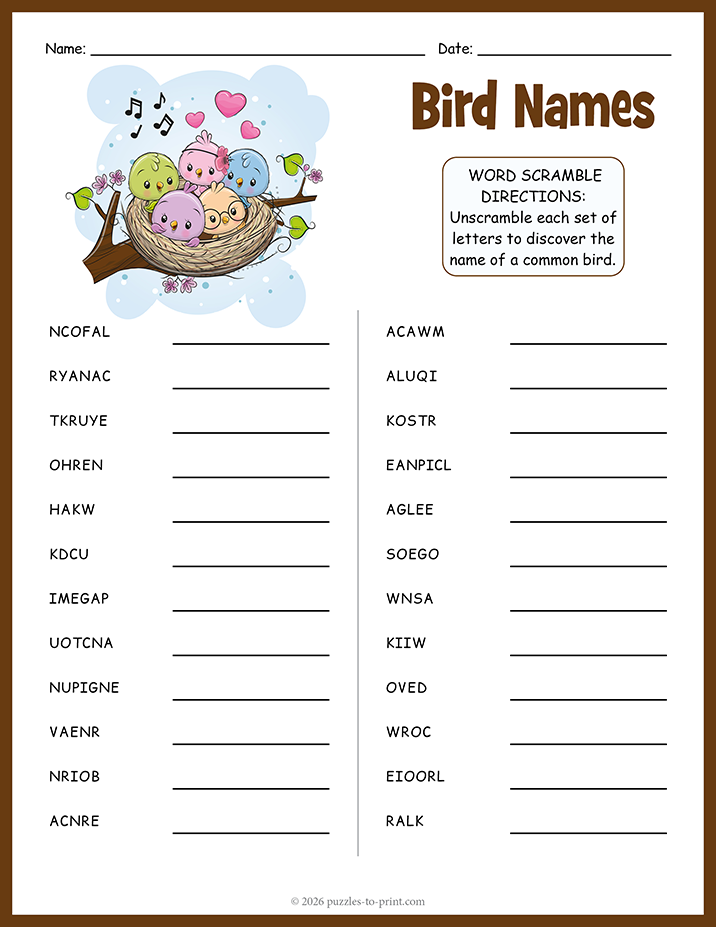 Bird Names Word Scramble
