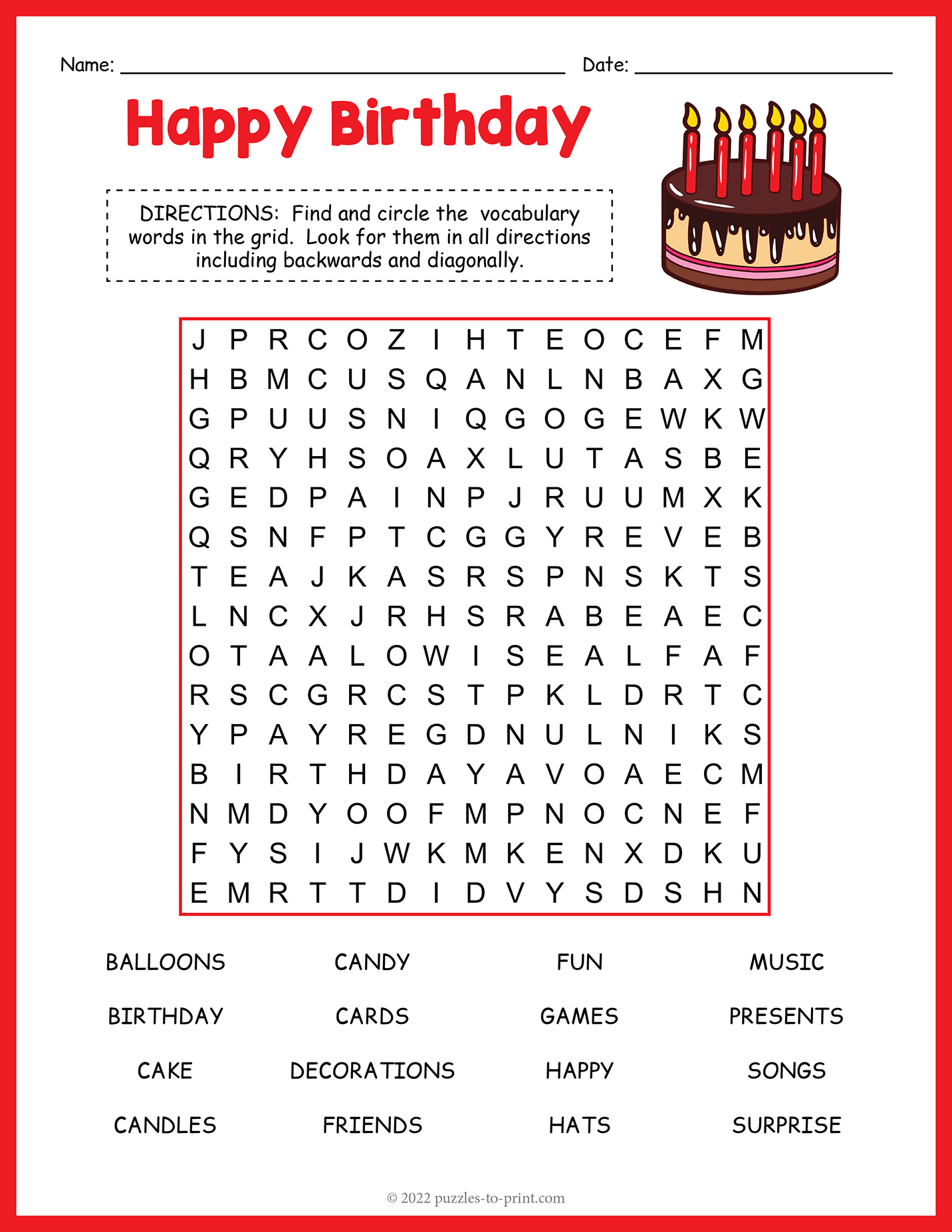 Birthday Word Search