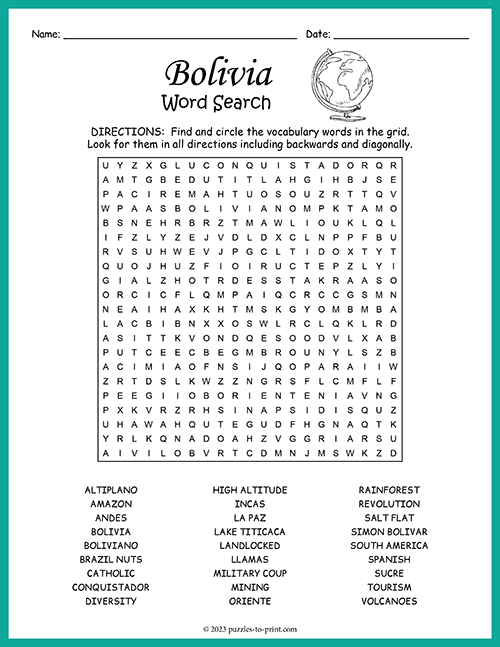 Bolivia Word Search