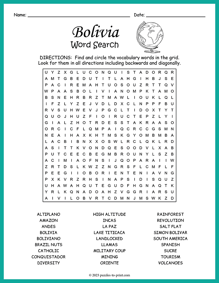 Bolivia Word Search