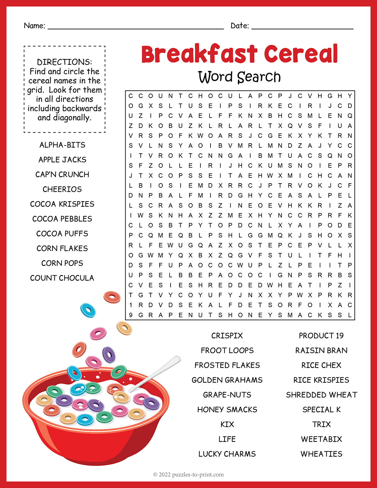 Breakfast Cereal Word Search