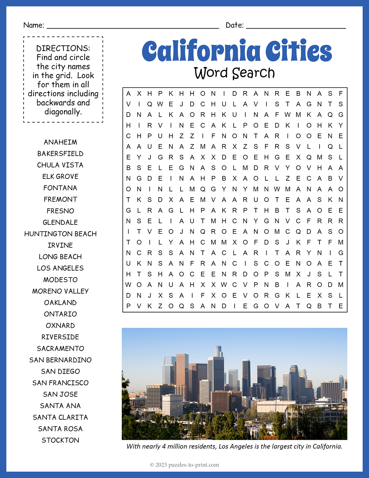 California Cities Word Search