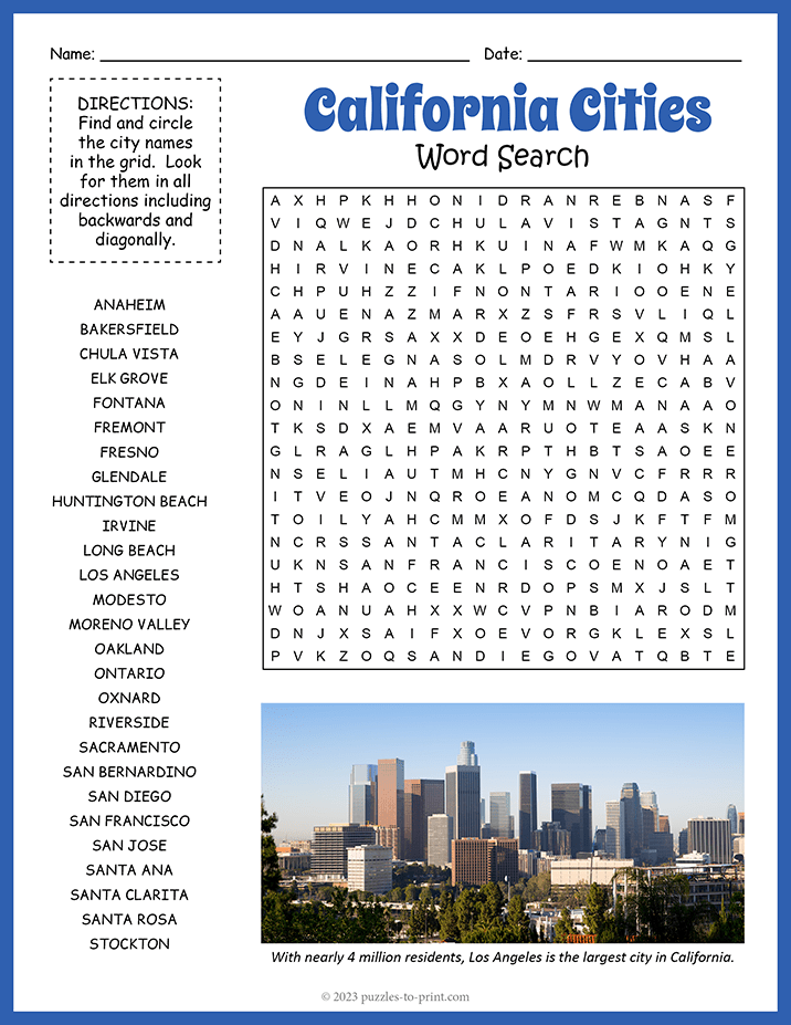 California Cities Word Search
