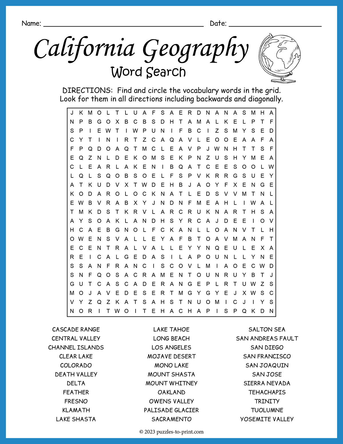 California Geography Word Search