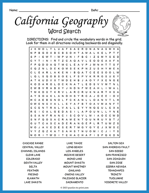 California Geography Word Search