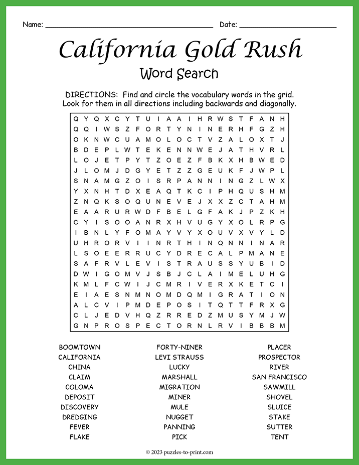 California Gold Rush Word Search