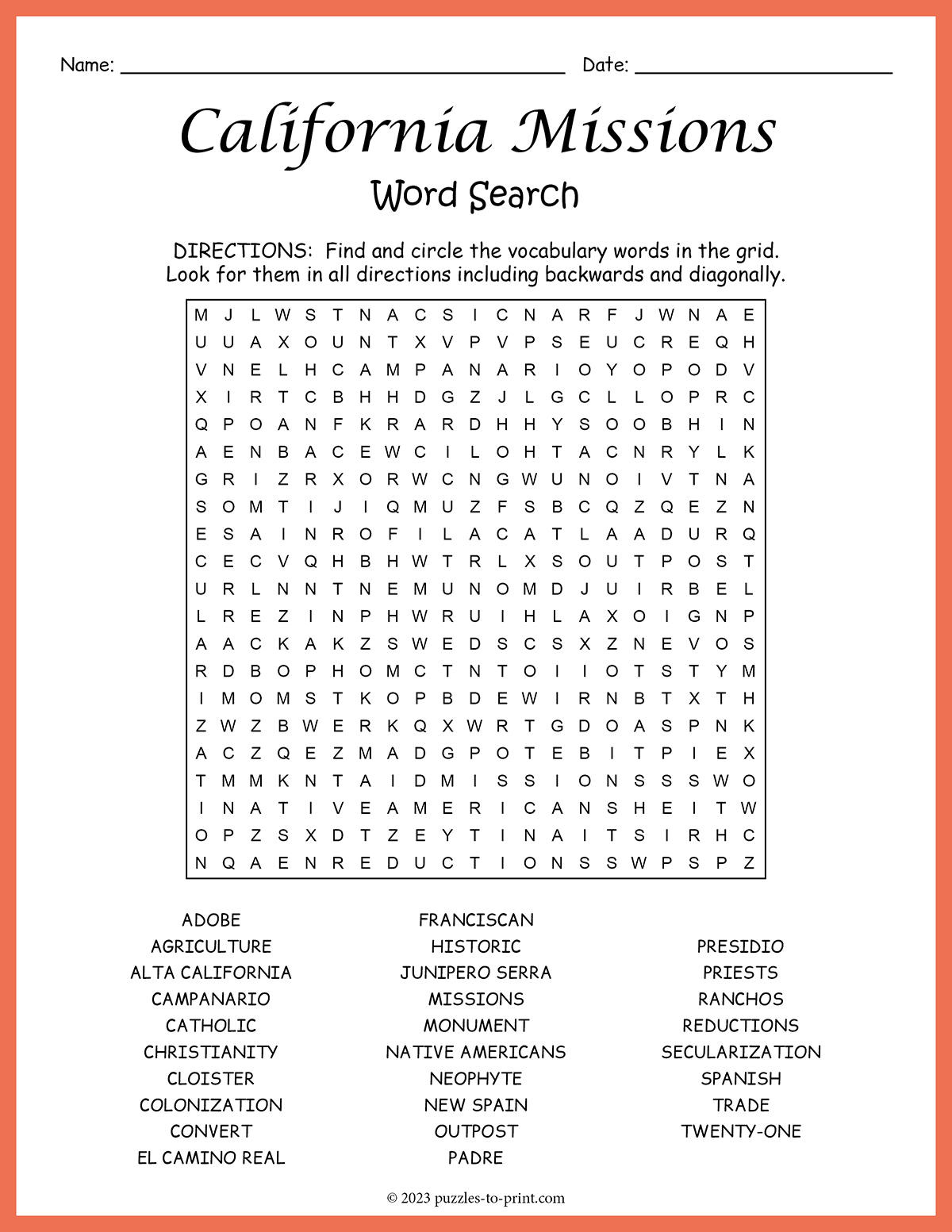 California Missions Word Search