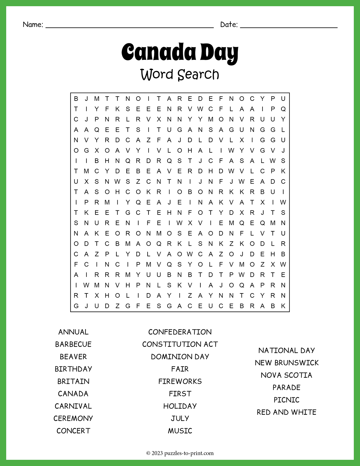 Canada Day Word Search