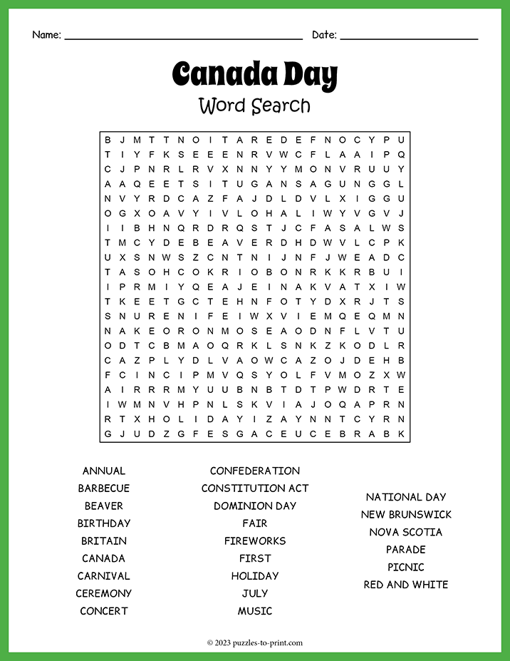 Canada Day Word Search