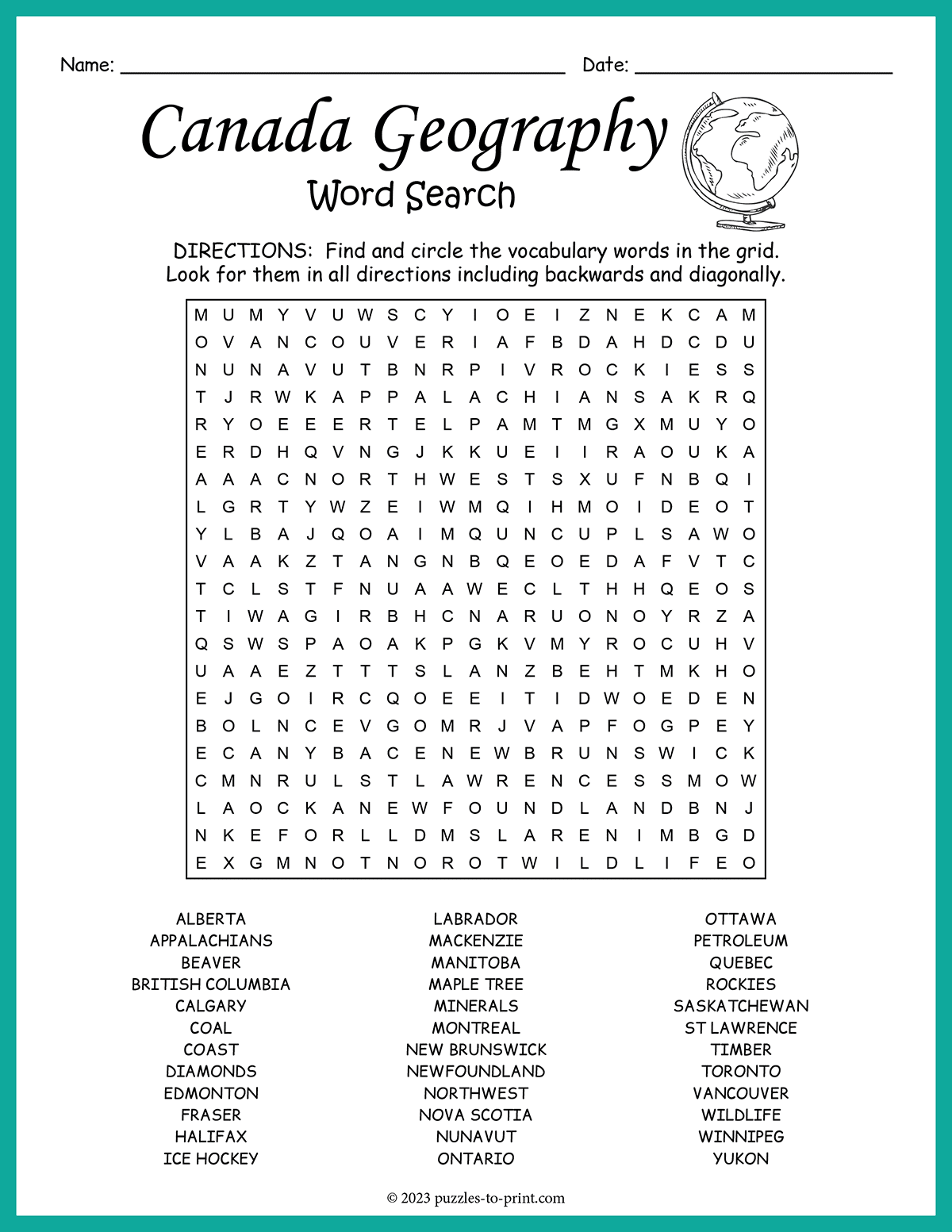 Canada Geography Word Search
