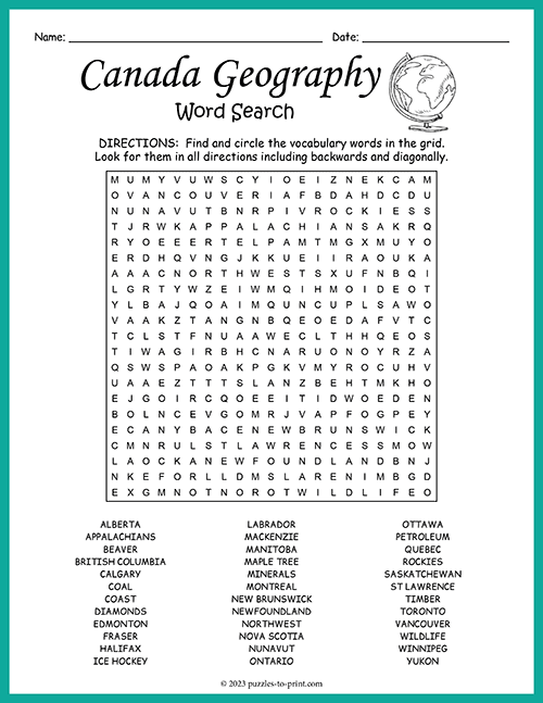 Canada Geography Word Search