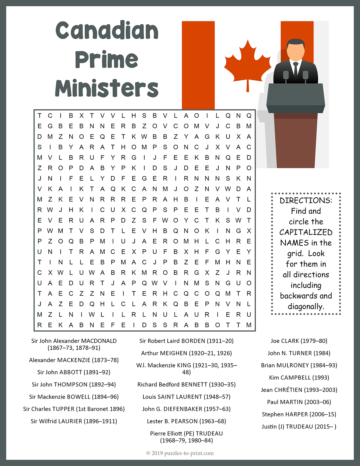 Canadian Prime Ministers Word Search