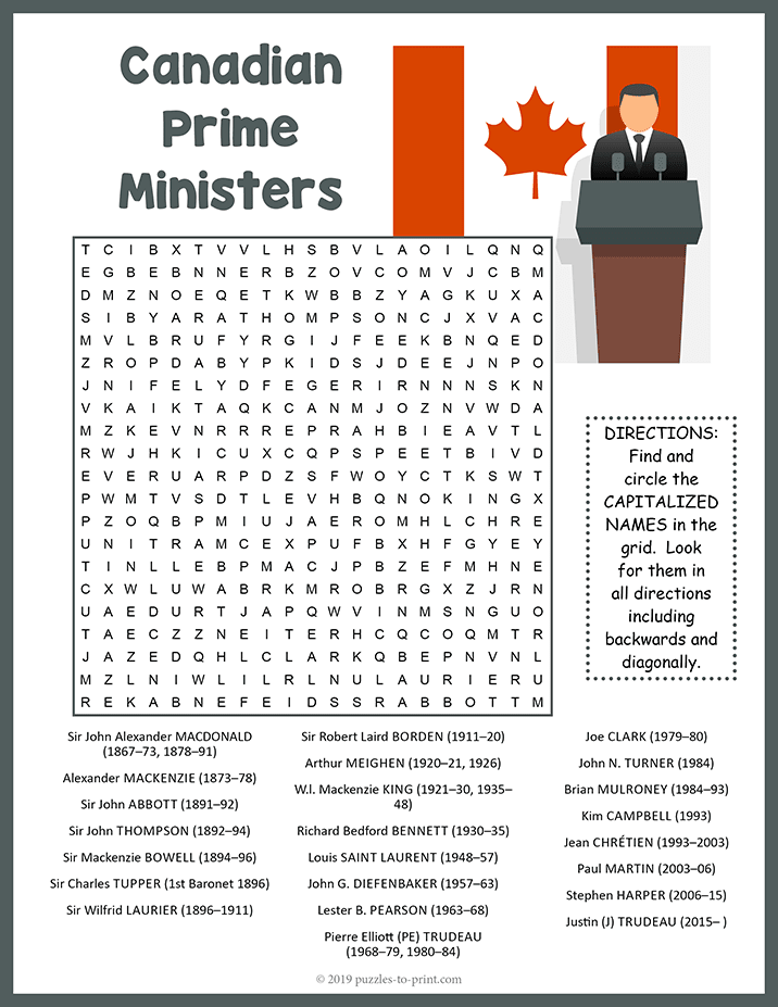Canadian Prime Ministers Word Search