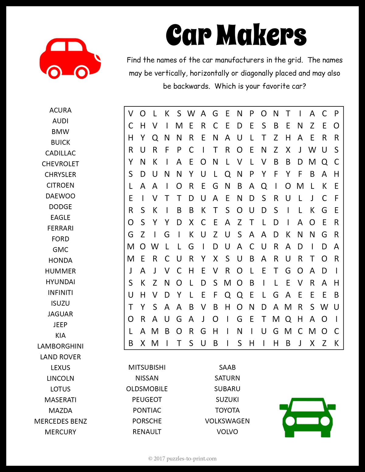 Car Makers Word Search