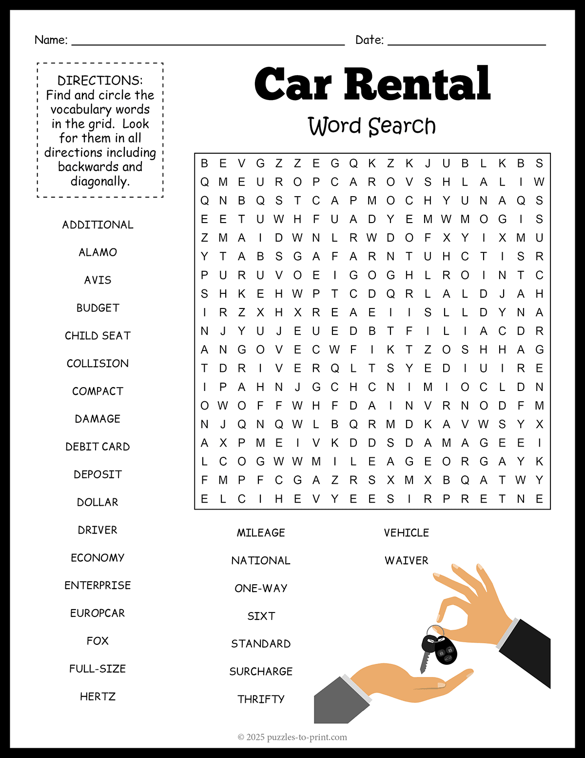 Car Rental Word Search