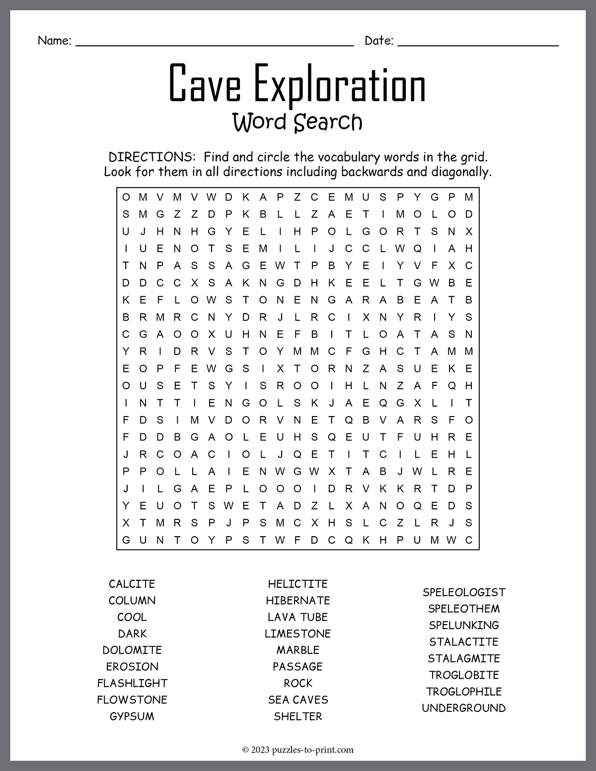 Cave Exploration Word Search