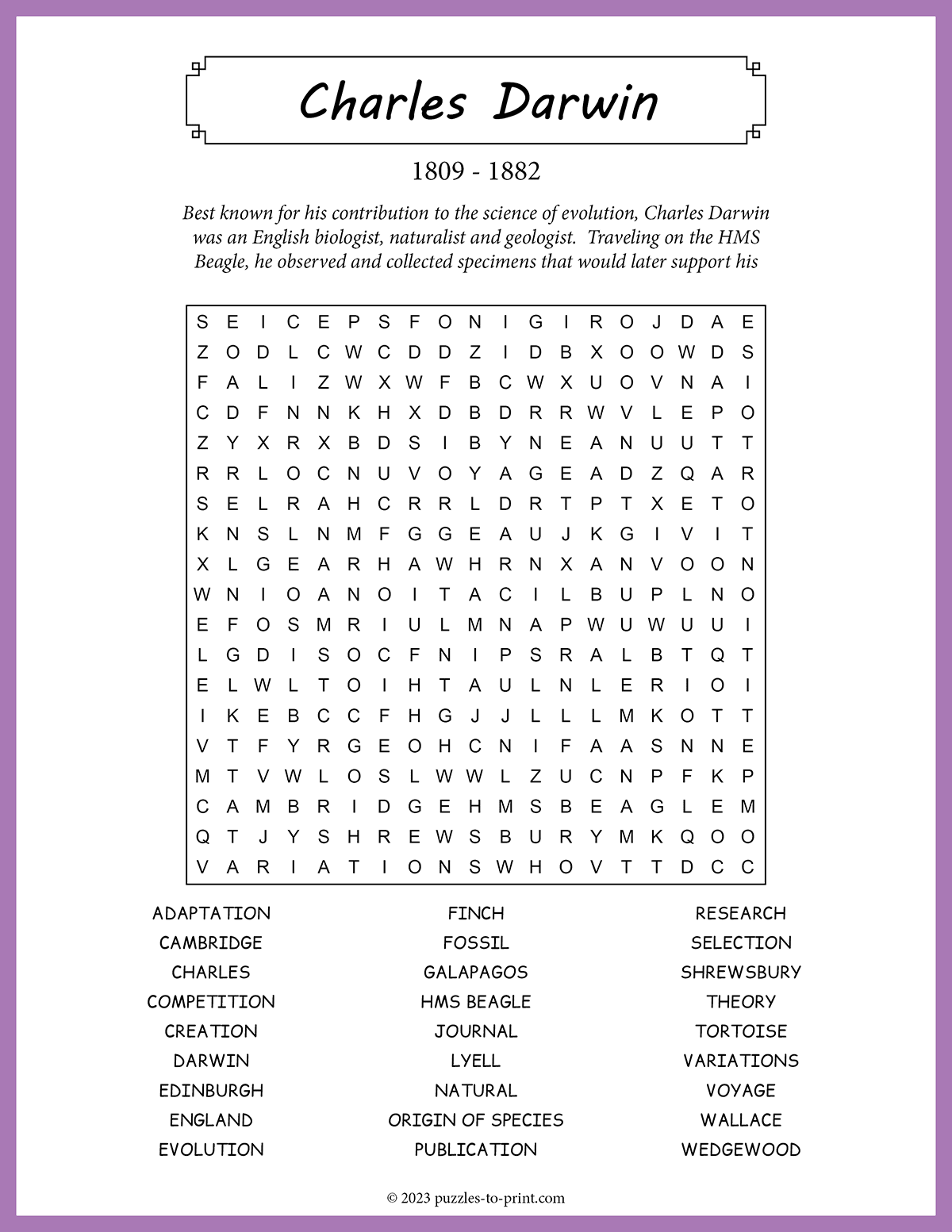 Charles Darwin Word Search