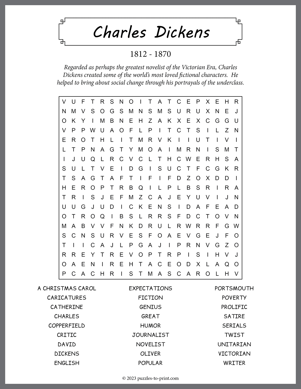 Charles Dickens Word Search