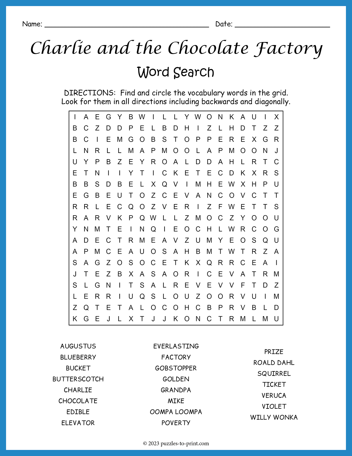 Charlie and the Chocolate Factory Word Search