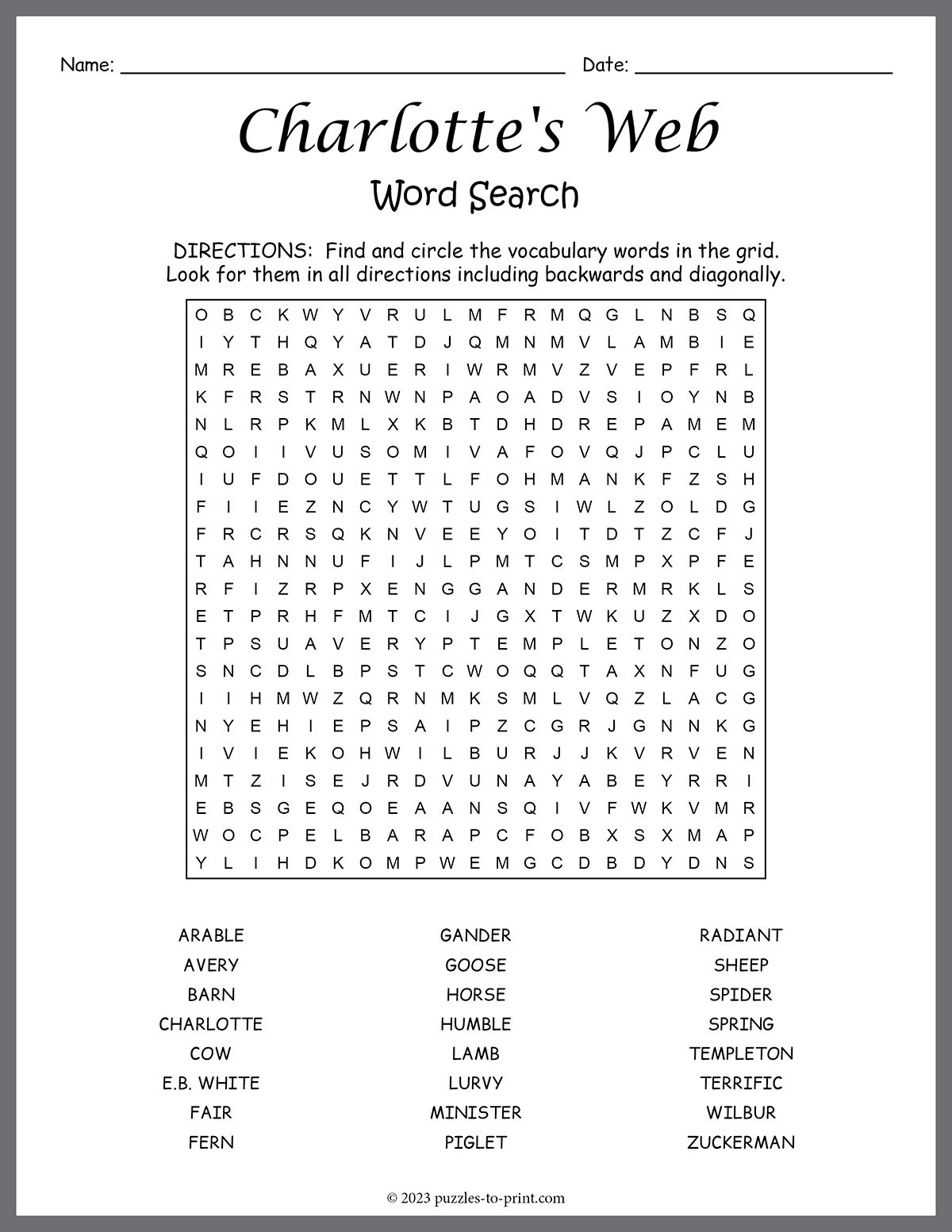 Charlotte's Web Word Search