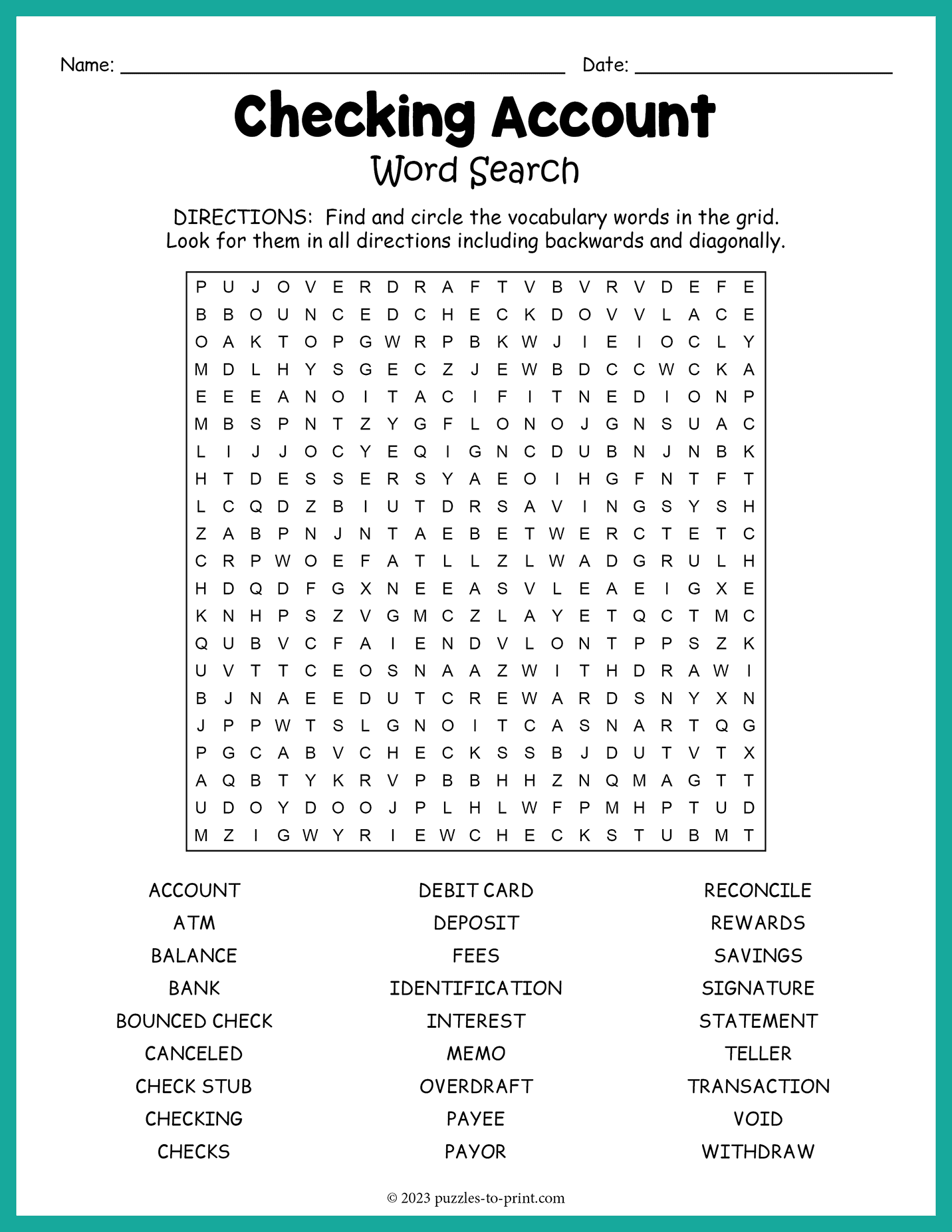 Checking Account Word Search