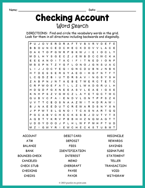 Checking Account Word Search