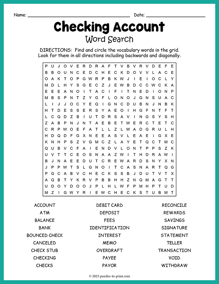 Checking Account Word Search