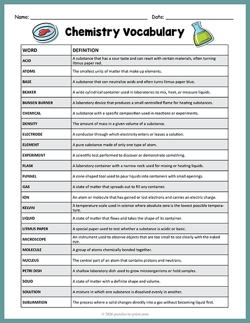 Chemistry Vocabulary - Free Printable Terms and Definitions