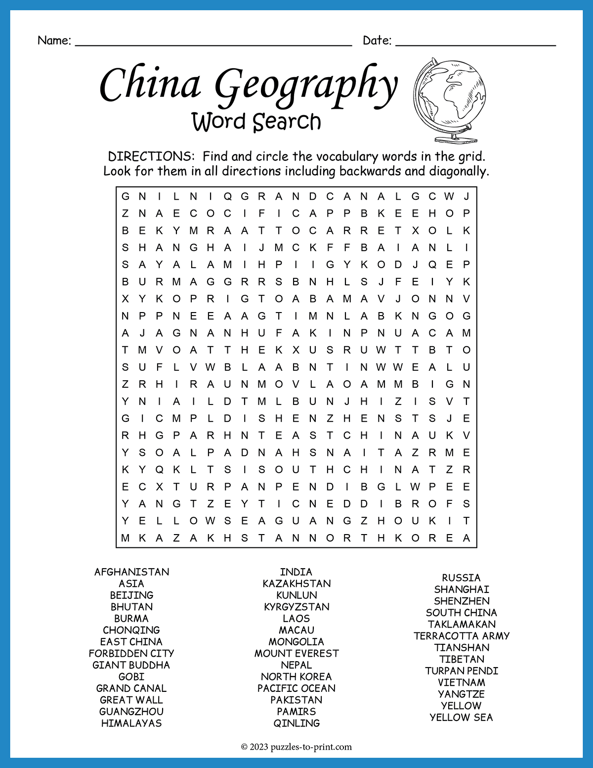 China Geography Word Search