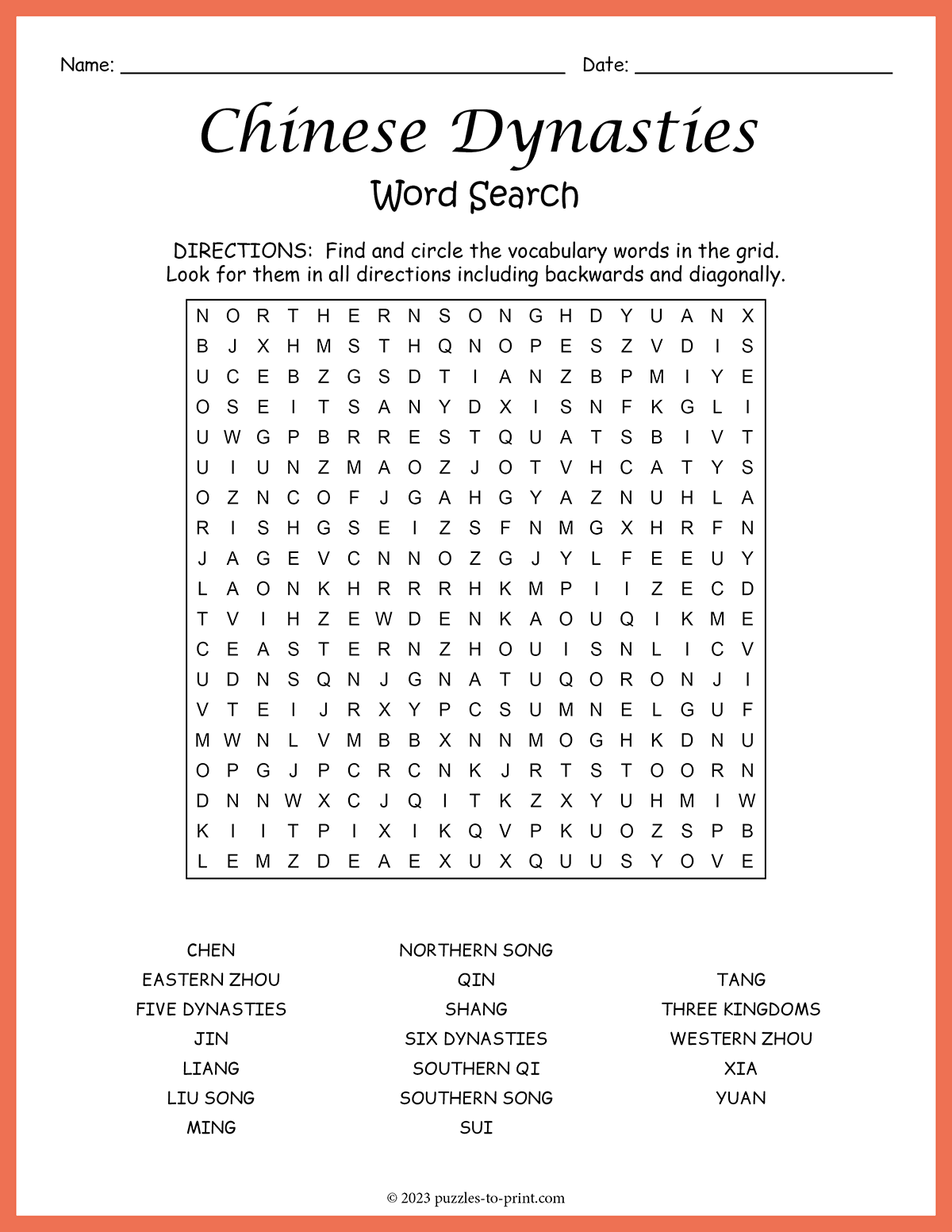 Chinese Dynasties Word Search