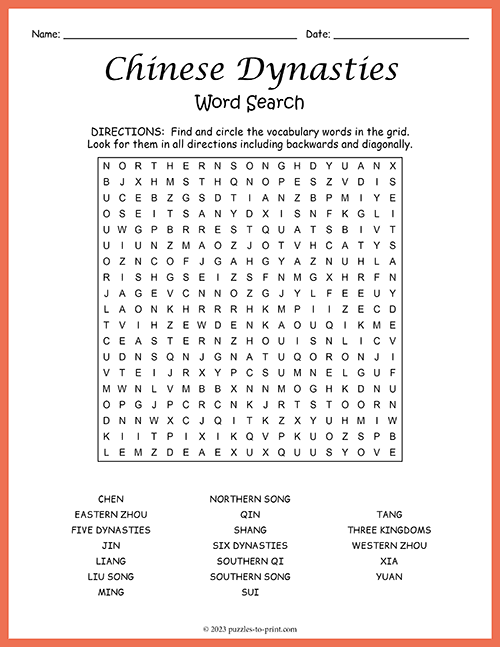 Chinese Dynasties Word Search