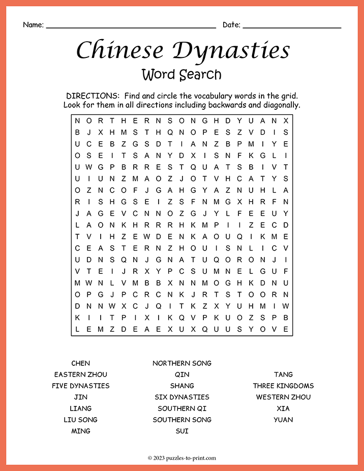 Chinese Dynasties Word Search