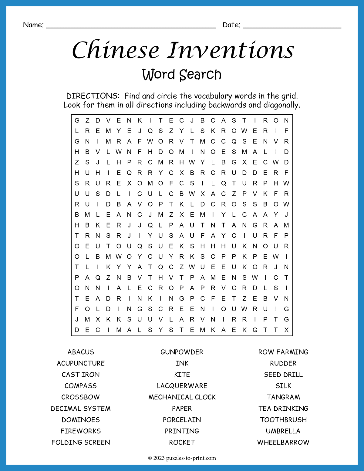 Chinese Inventions Word Search