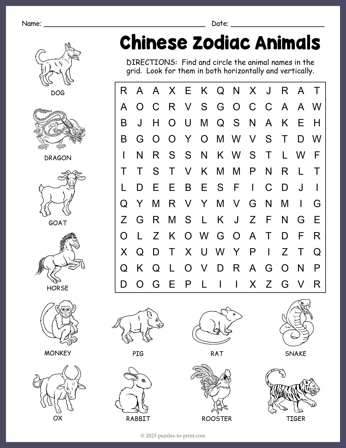 Chinese Zodiac Animals Word Search