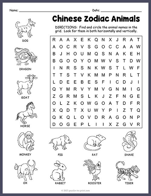 Chinese Zodiac Animals Word Search