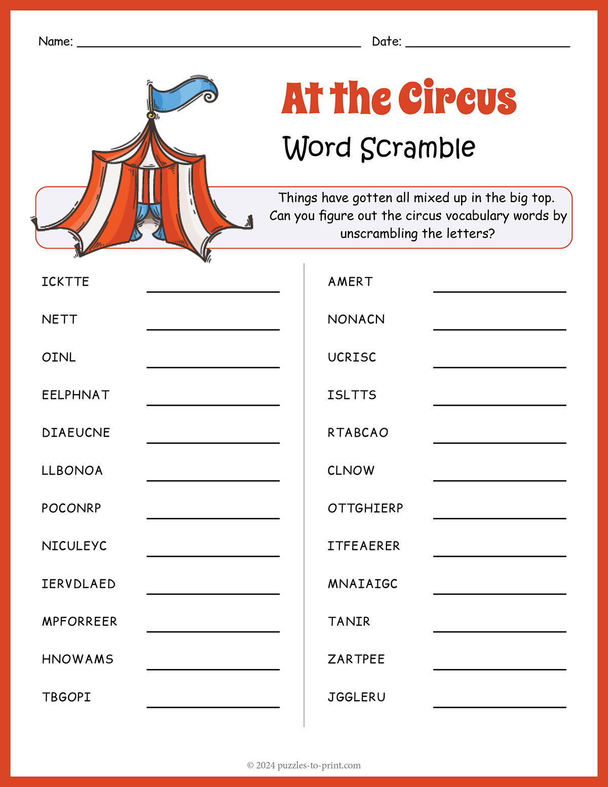 Circus Word Scramble