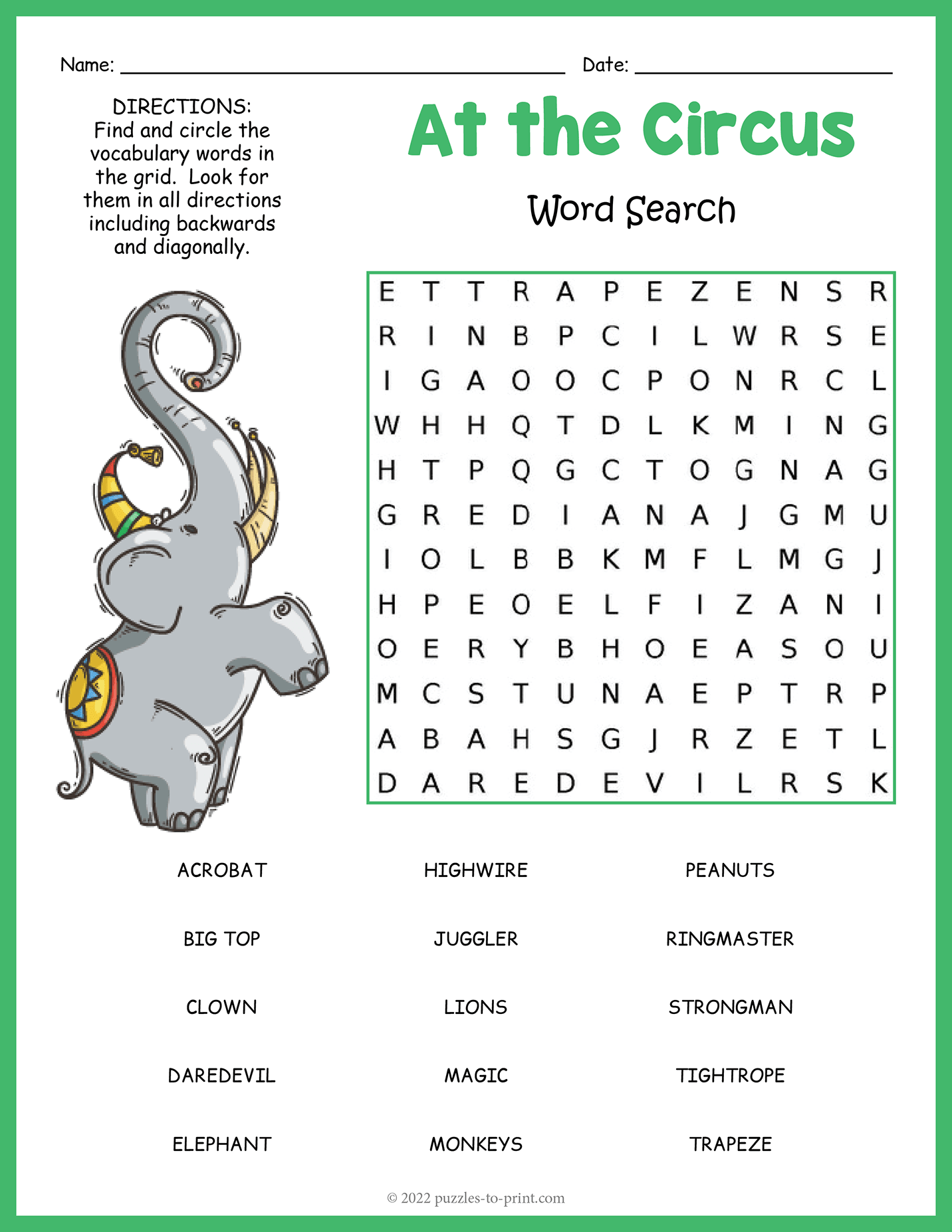 Circus Word Search