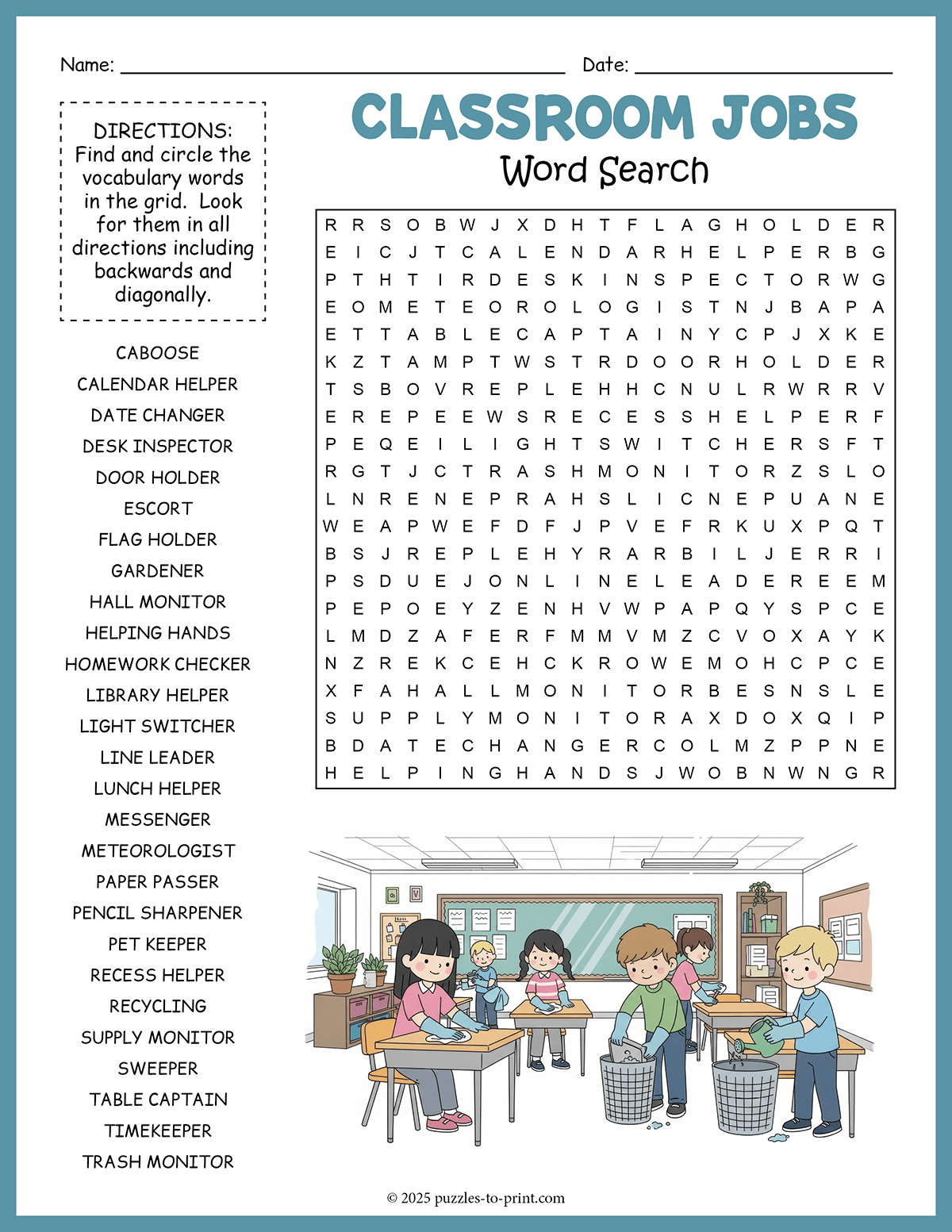 Classroom Jobs Word Search