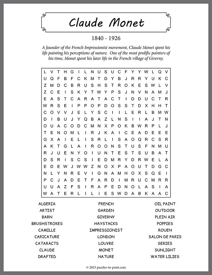 Claude Monet Word Search