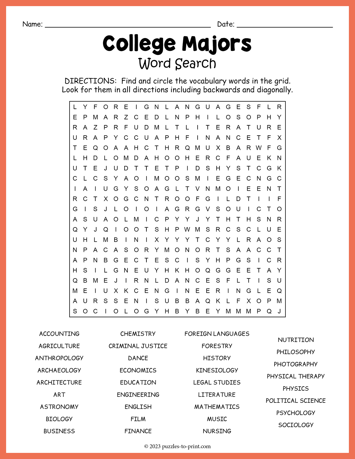 College Majors Word Search
