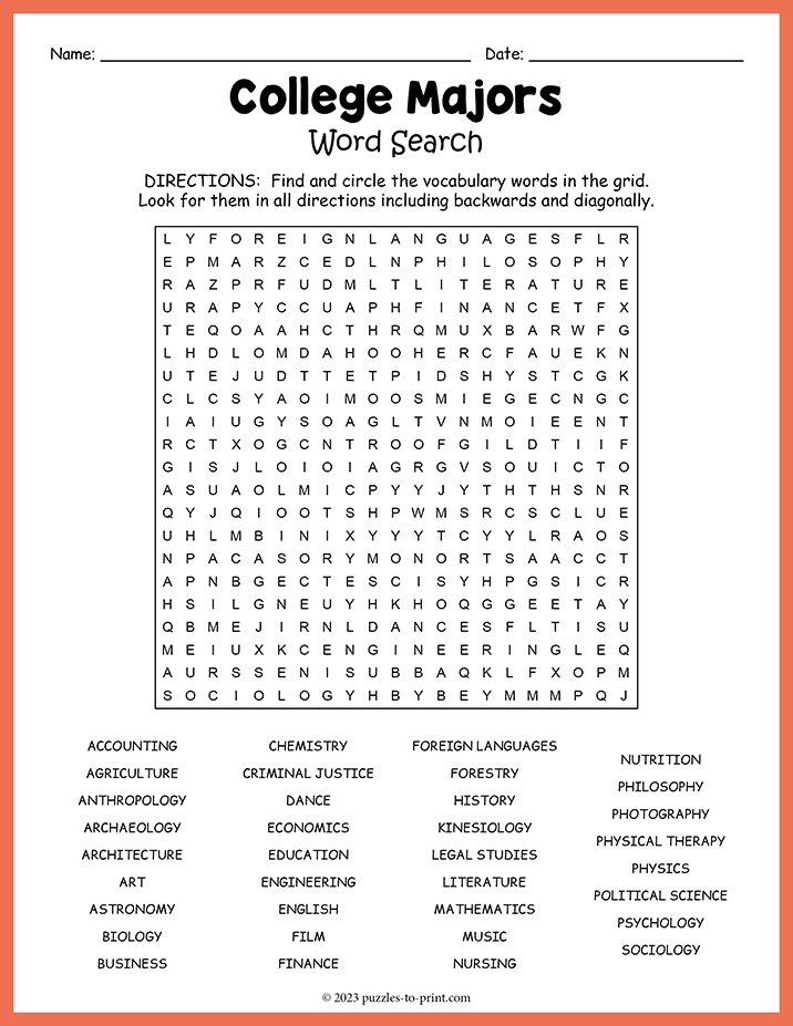 College Majors Word Search