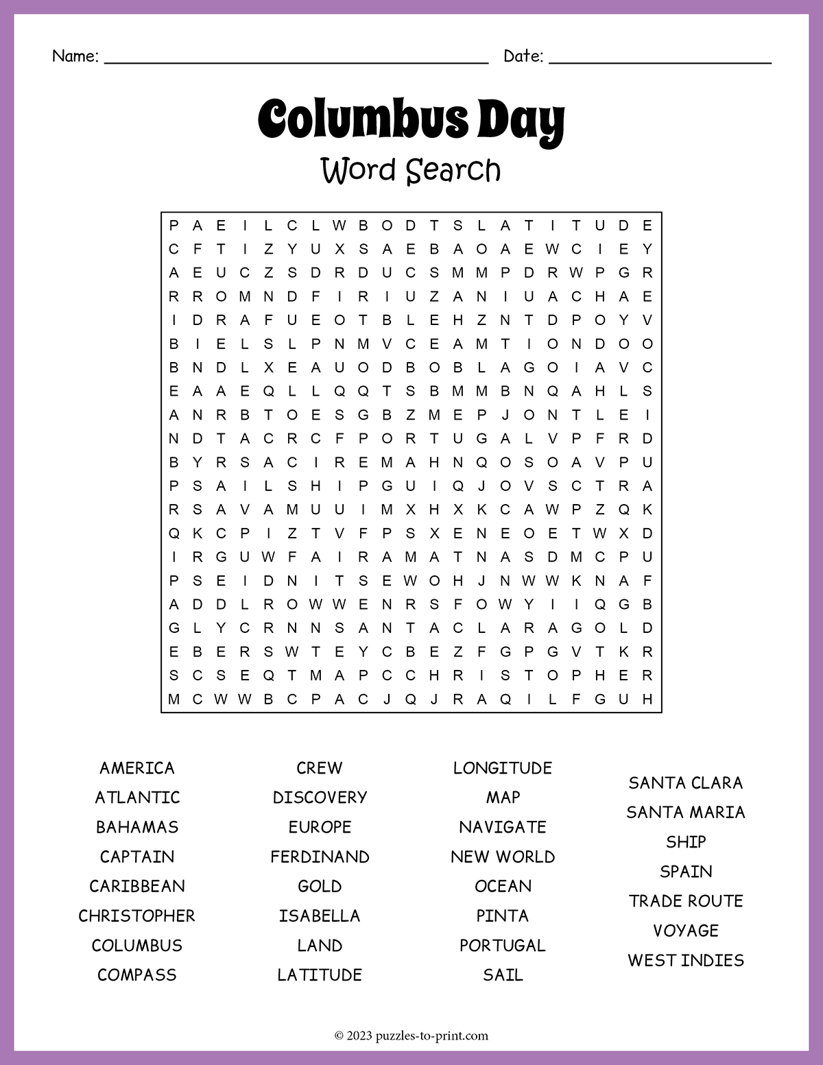Columbus Day Word Search Columbus Day Word Search