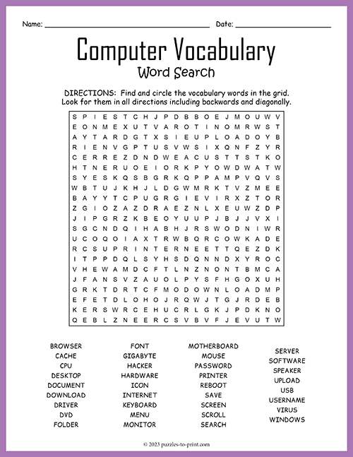 Computer Vocabulary Word Search