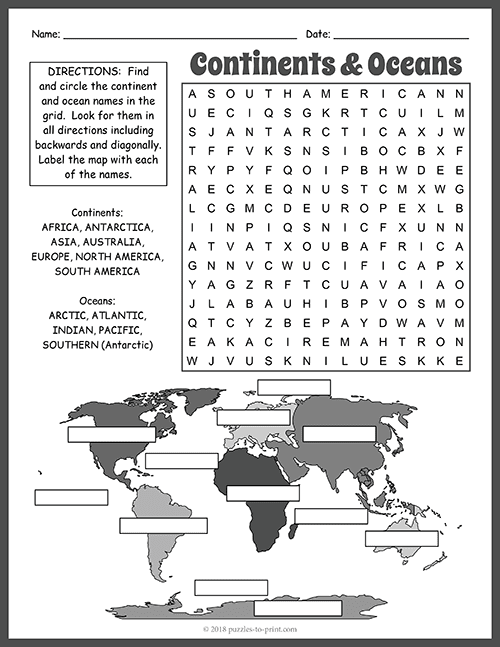Continents and Oceans Word Search