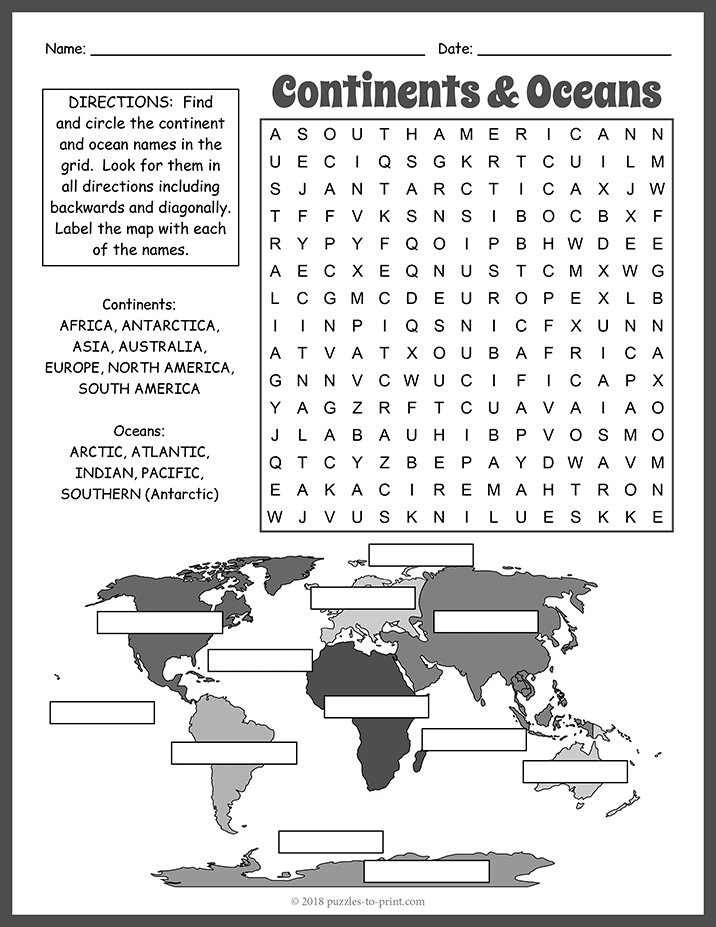 Continents and Oceans Word Search