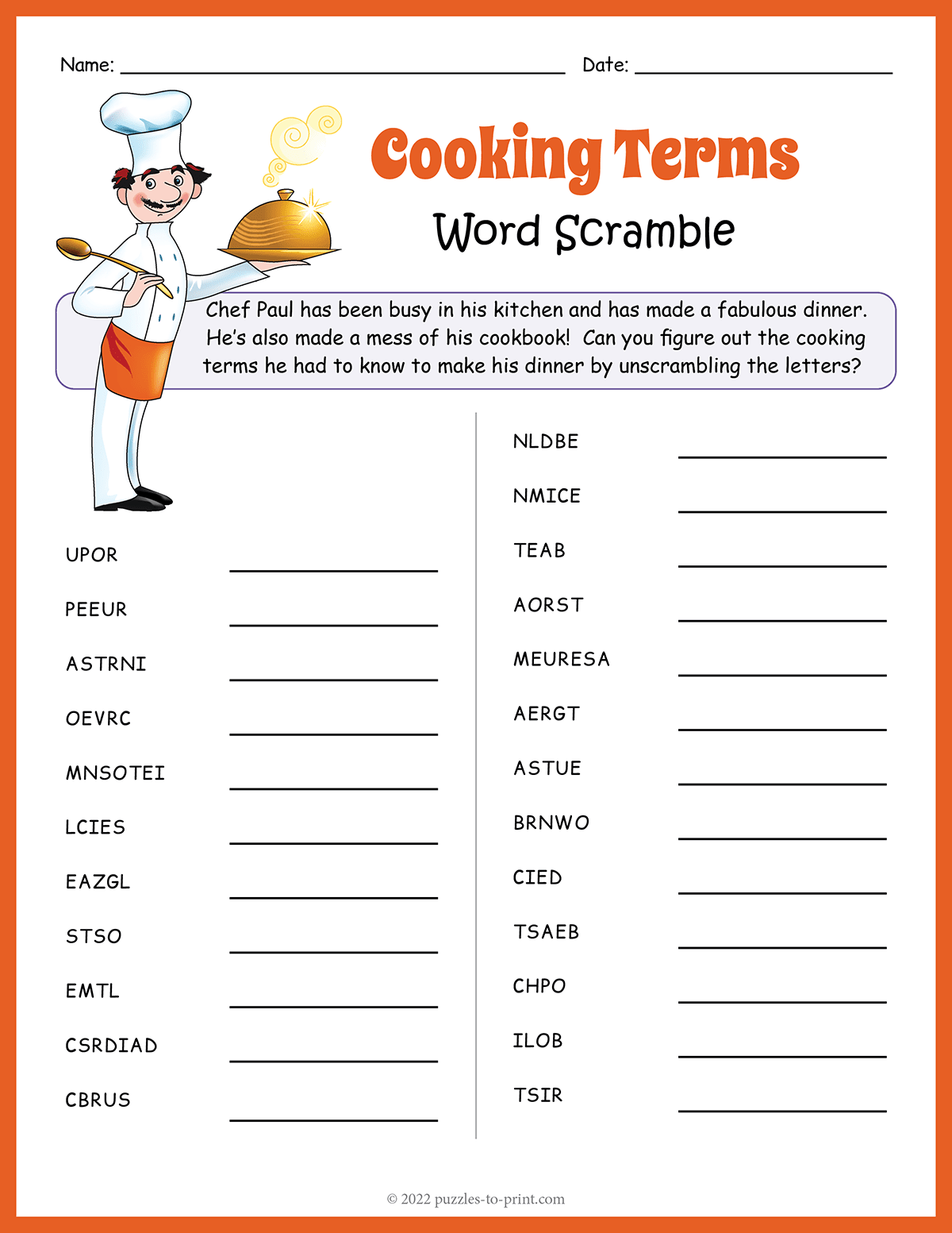 Cooking Vocabulary Worksheets Pdf Printable Basic Cooking Terms