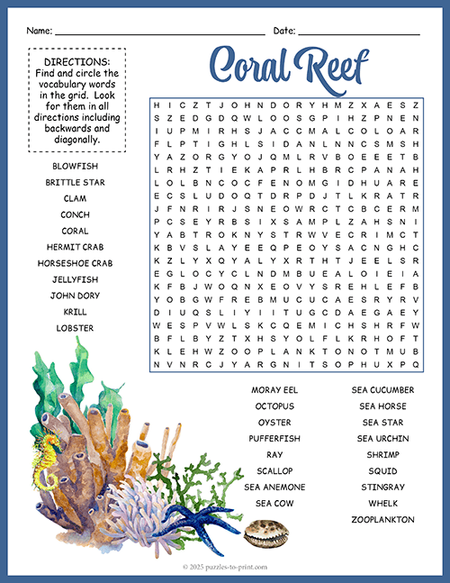 Coral Reef Word Search