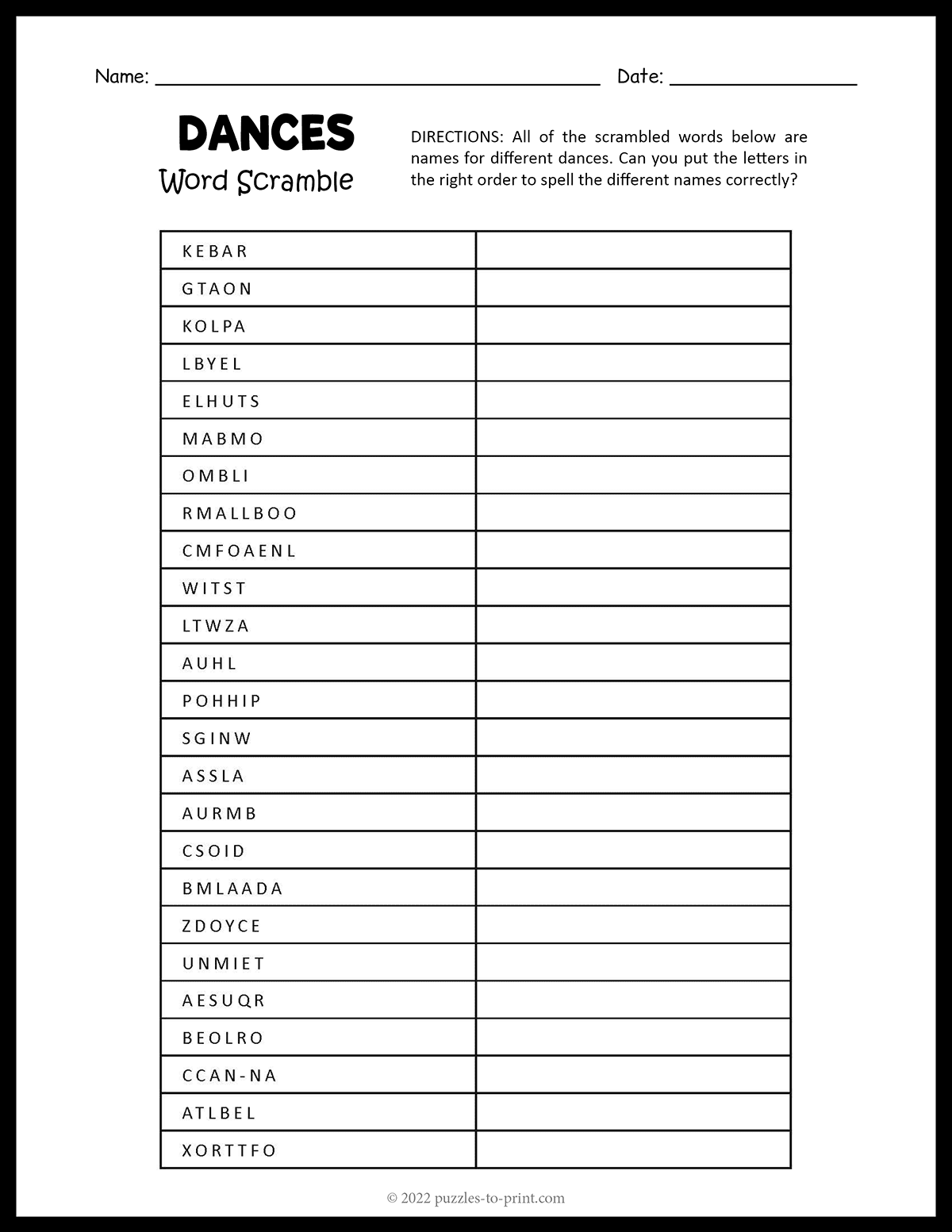 Dances Word Scramble